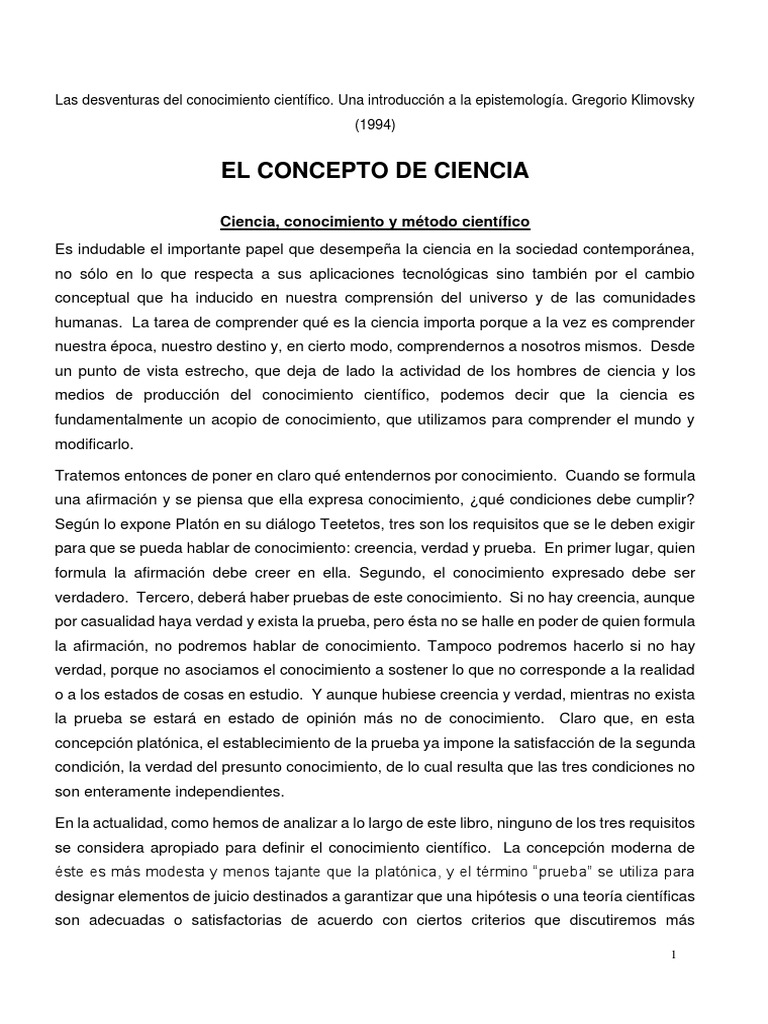 Gregorio Klimovsky Cap 1 Las Desventuras Del Saber Cientifico | PDF | Verdad | Conocimiento
