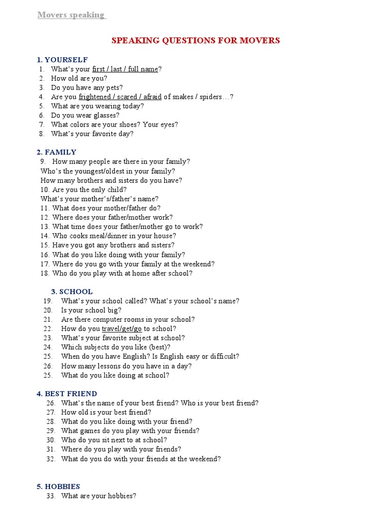 Movers Speaking Test Questions Guide | PDF | Eating Behaviors Of Humans ...