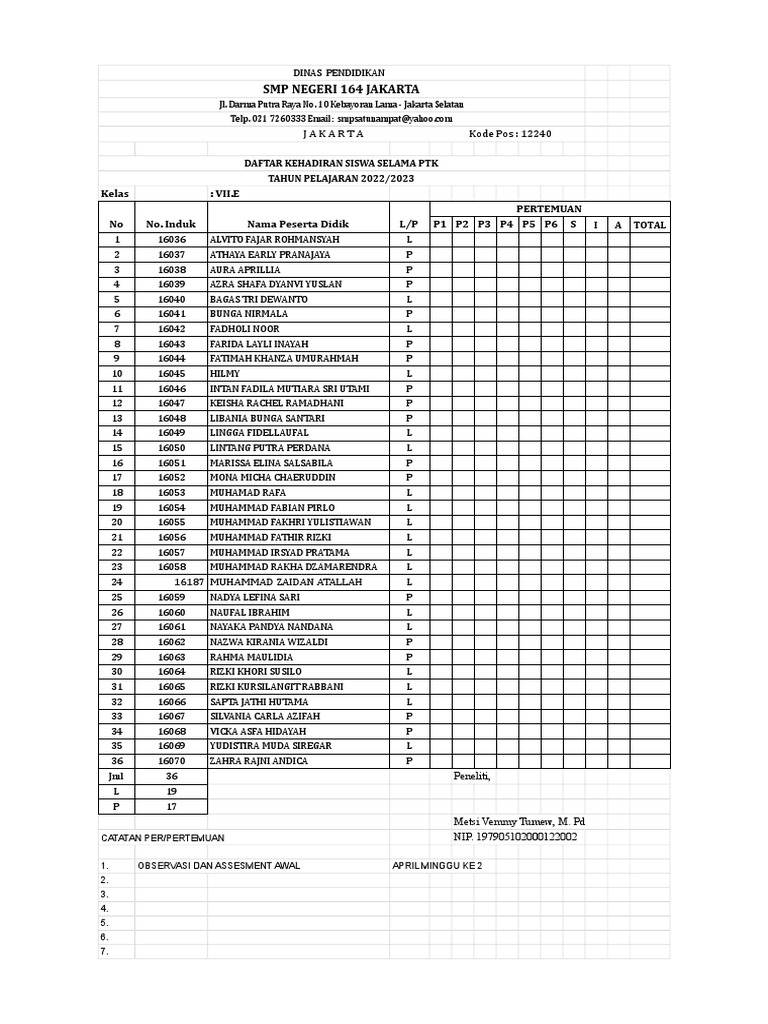 Format Absen PTK 1 Kelas | PDF