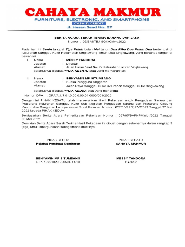 Berita Acara Serah Terima Barang Dan Jasa (BASTBJ) Komprint | PDF