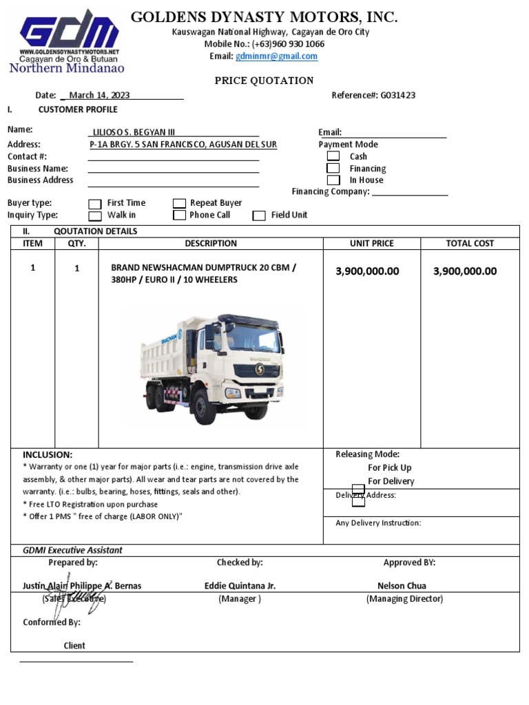 Price Quotation Shacman H3000 Dump Truck | PDF | Business | Service Industries