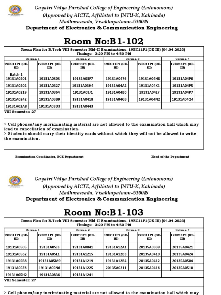 Room No:B1-102: Department of Electronics & Communication Engineering | PDF | Computing ...