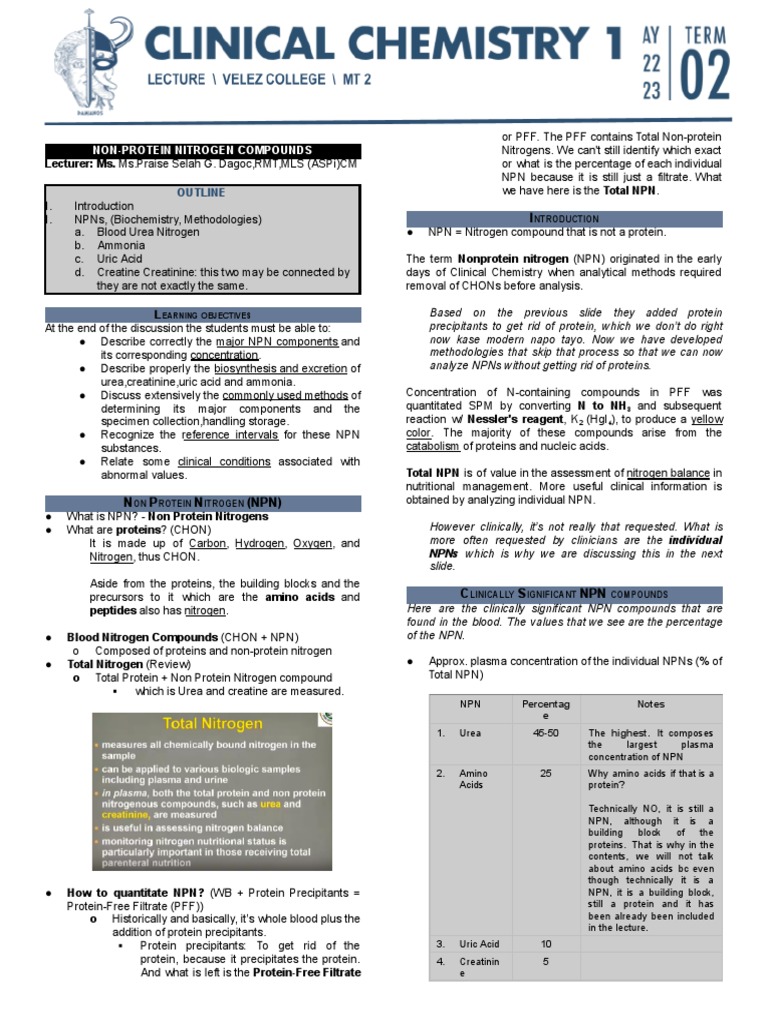 LEC-10-Non-Protein Nitrogen Compounds | PDF | Urea | Gout