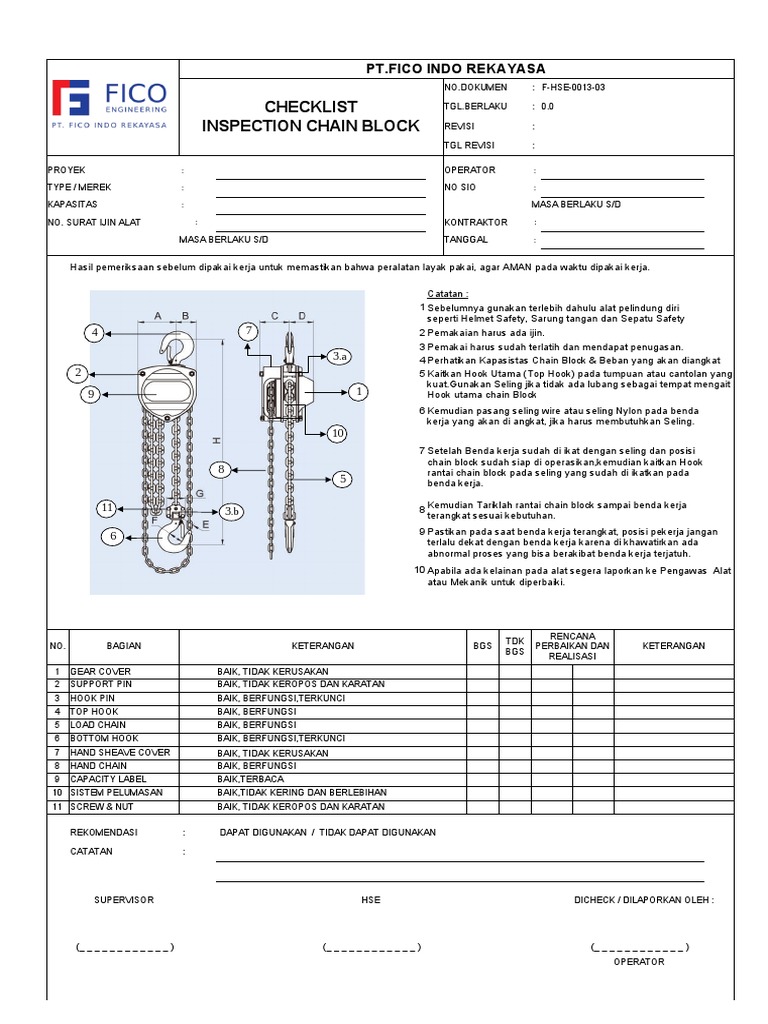 Checklist Inspection Chain Block: PT - Fico Indo Rekayasa | PDF