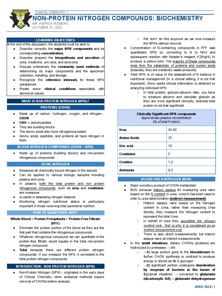 L11 - Non-Protein Nitrogen Compounds - Biochemistry (NPN) | PDF ...