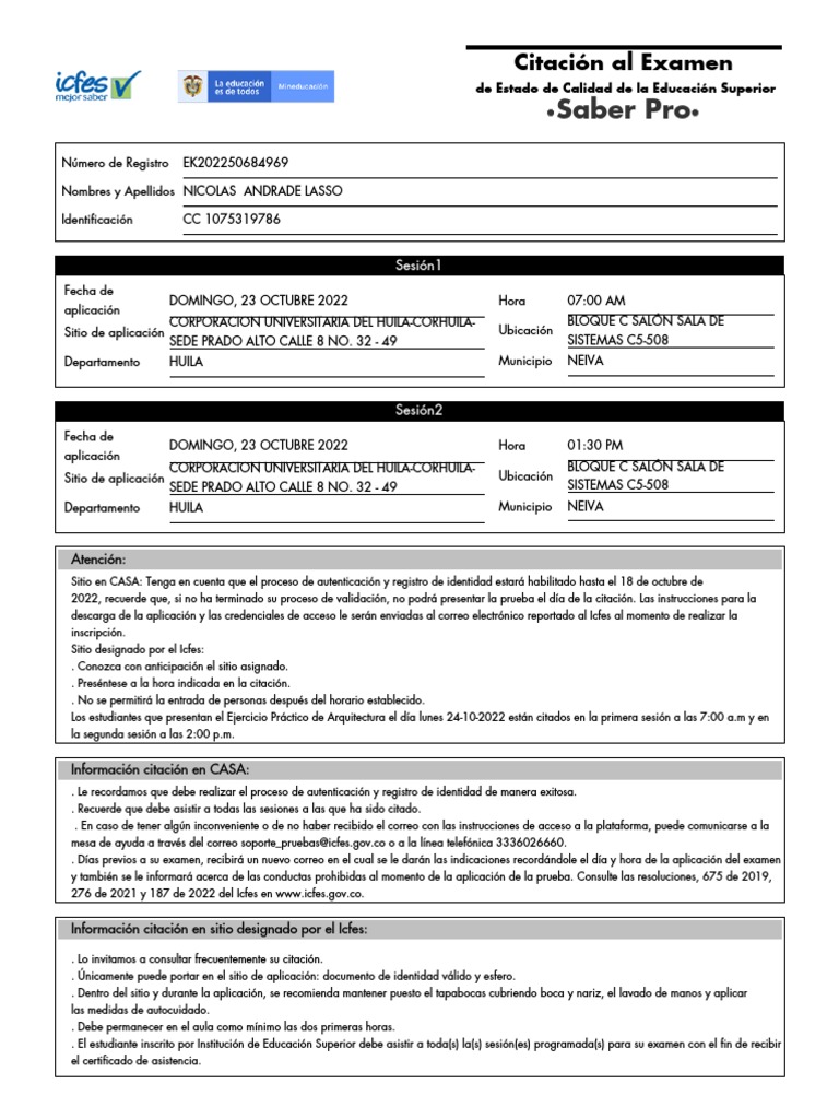 Saber Pro: Citación Al Examen | PDF