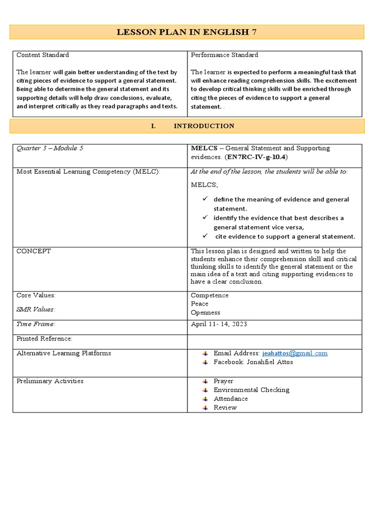 Grade-7 Lesson Plan | PDF | Genesis Creation Narrative | Reading ...