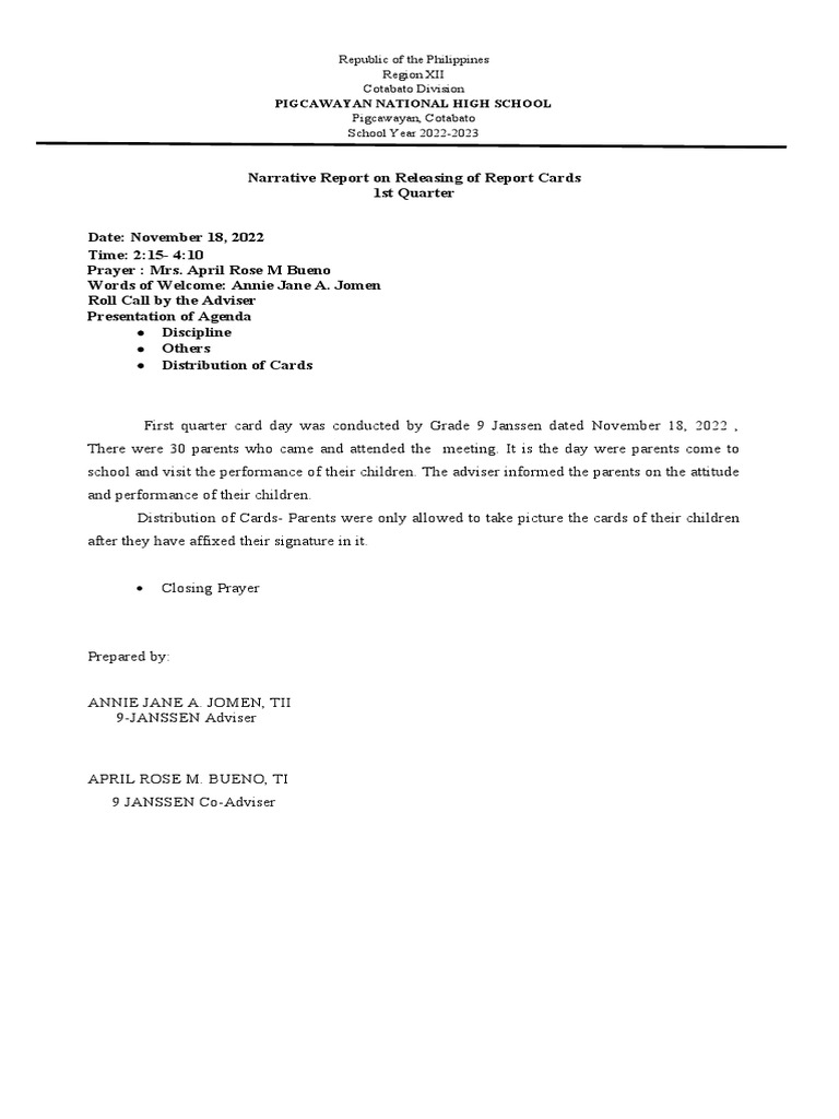 1st Quarter Report Card Distribution | PDF
