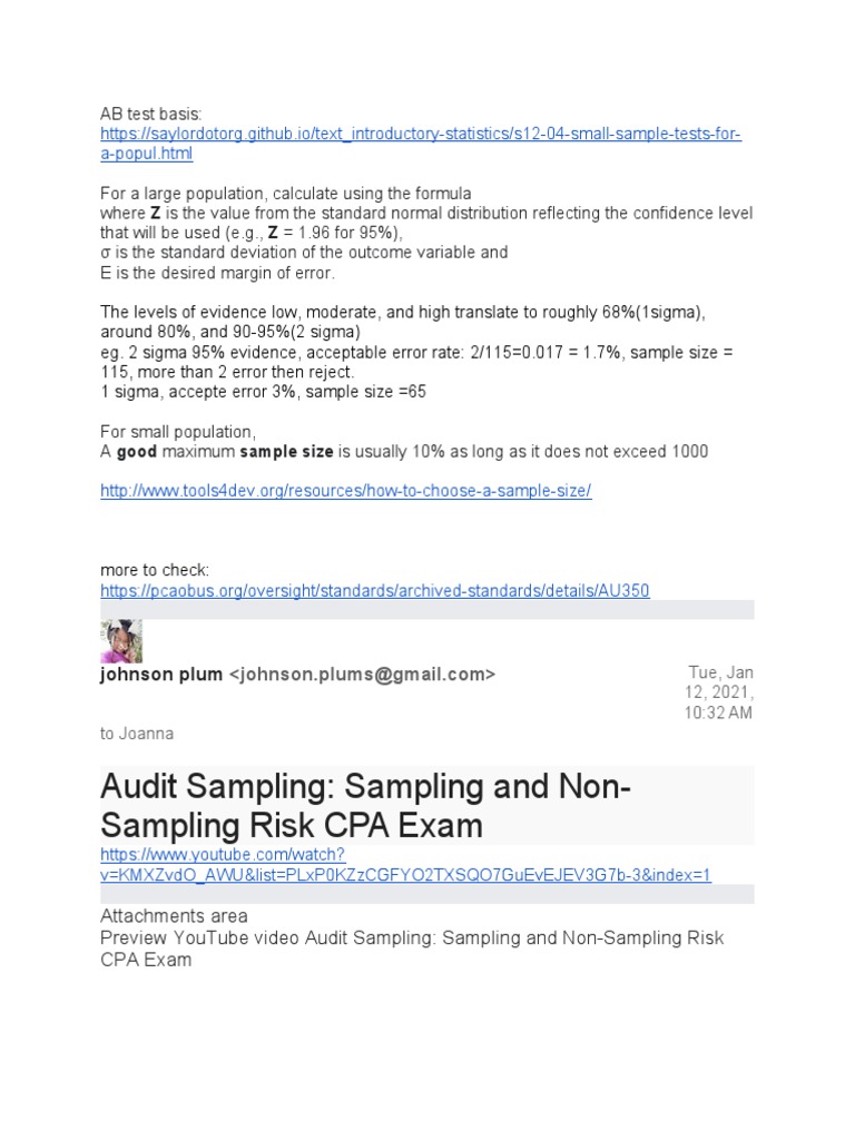 Audit Sampling: Sampling and Non-Sampling Risk CPA Exam: Johnson Plum | PDF