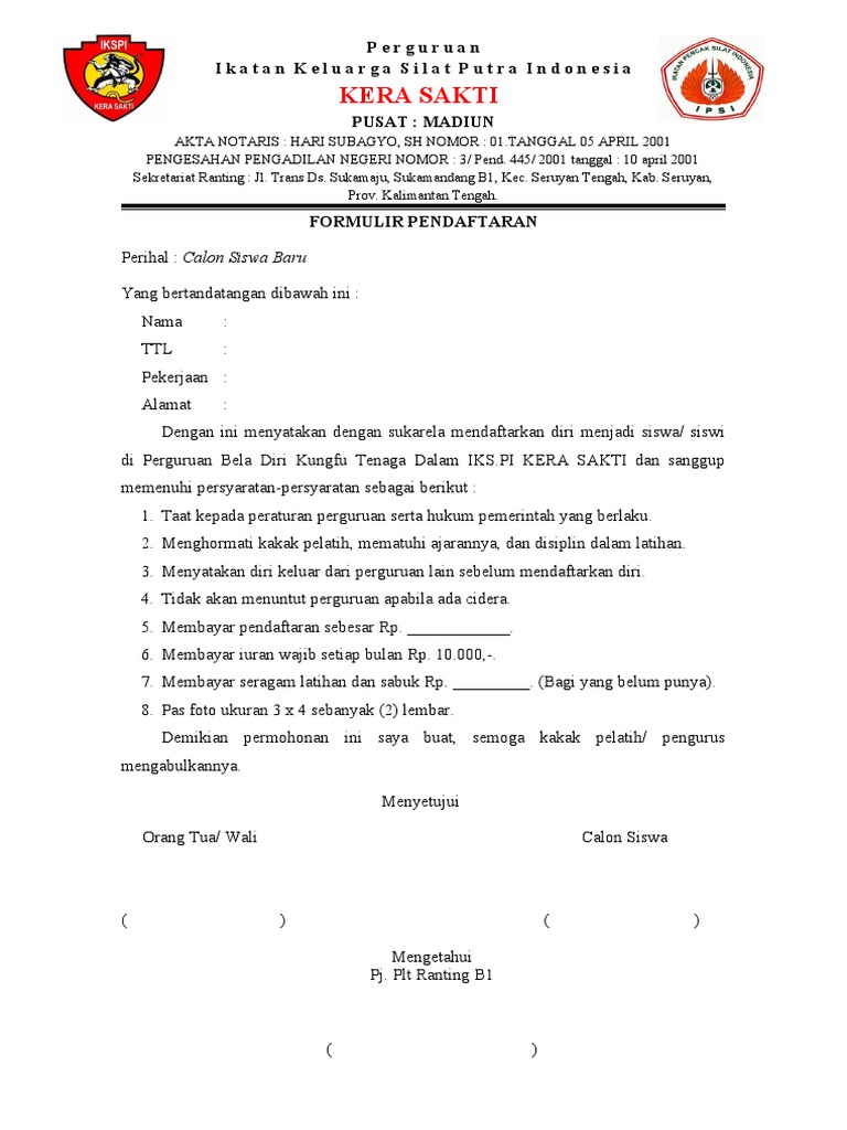 Formulir Pendaftaran Iks - Pi Kera Sakti | PDF