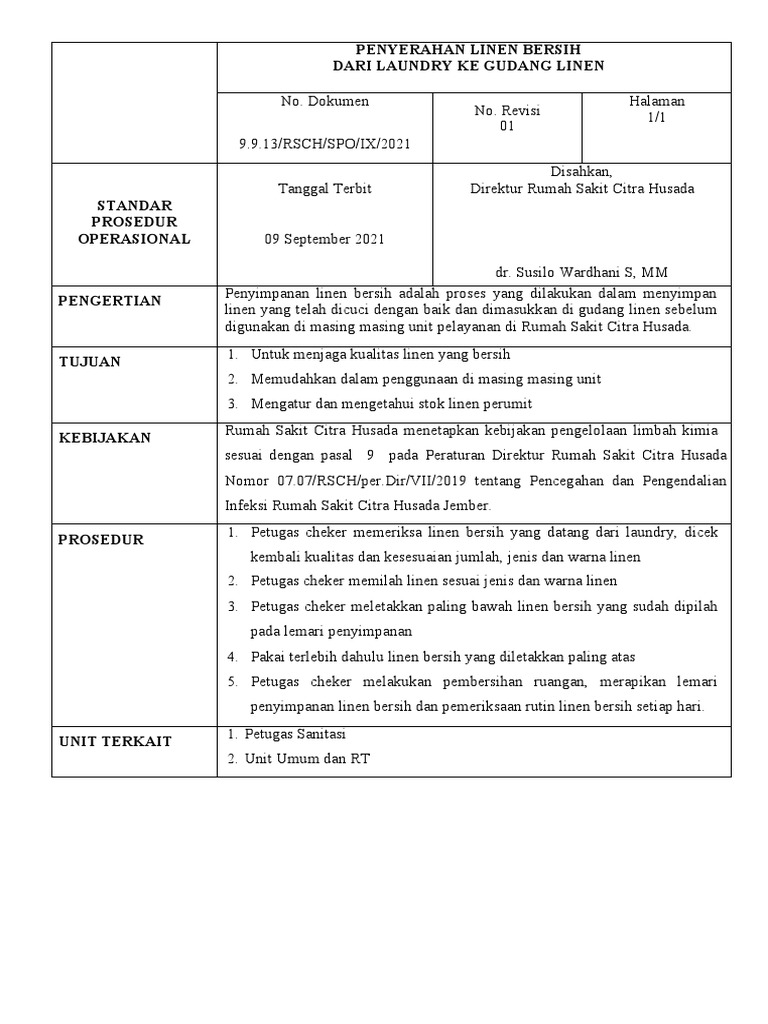 Spo Penyimpanan Linen Bersih Di Gudang Linen | PDF