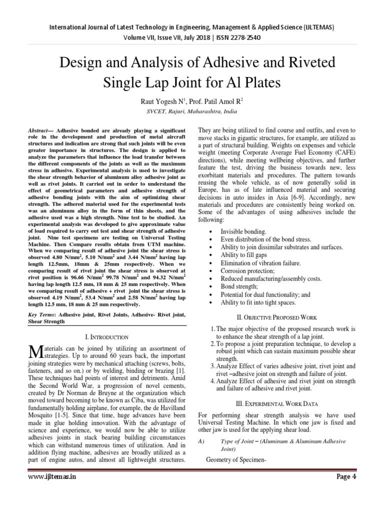 Design and Analysis of Adhesive and Riveted Single Lap Joint For Al ...