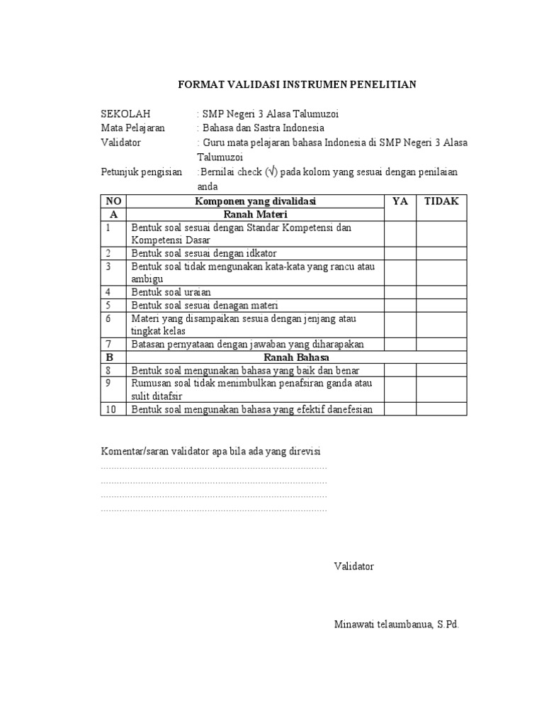 Format Validasi Instrumen Penelitian | PDF