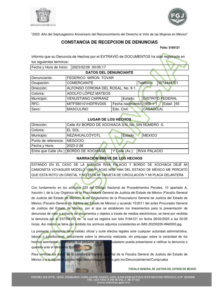 Constancia de Recepcion de Denuncias: Datos Del Denunciante | PDF | México | Gobierno