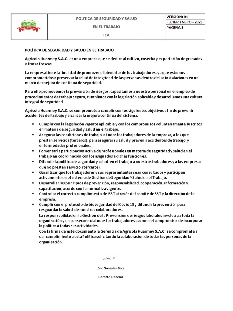 Política de Seguridad y Salud en El Trabajo | PDF | Valores | Seguridad y salud ocupacional