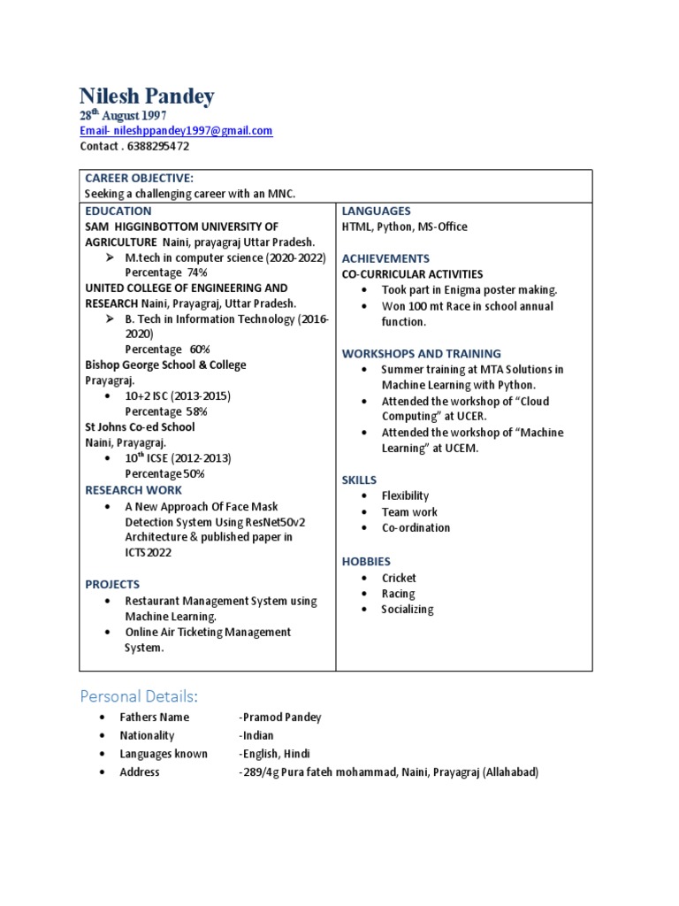 Nilesh Pandey: M.Tech in Computer Science | PDF
