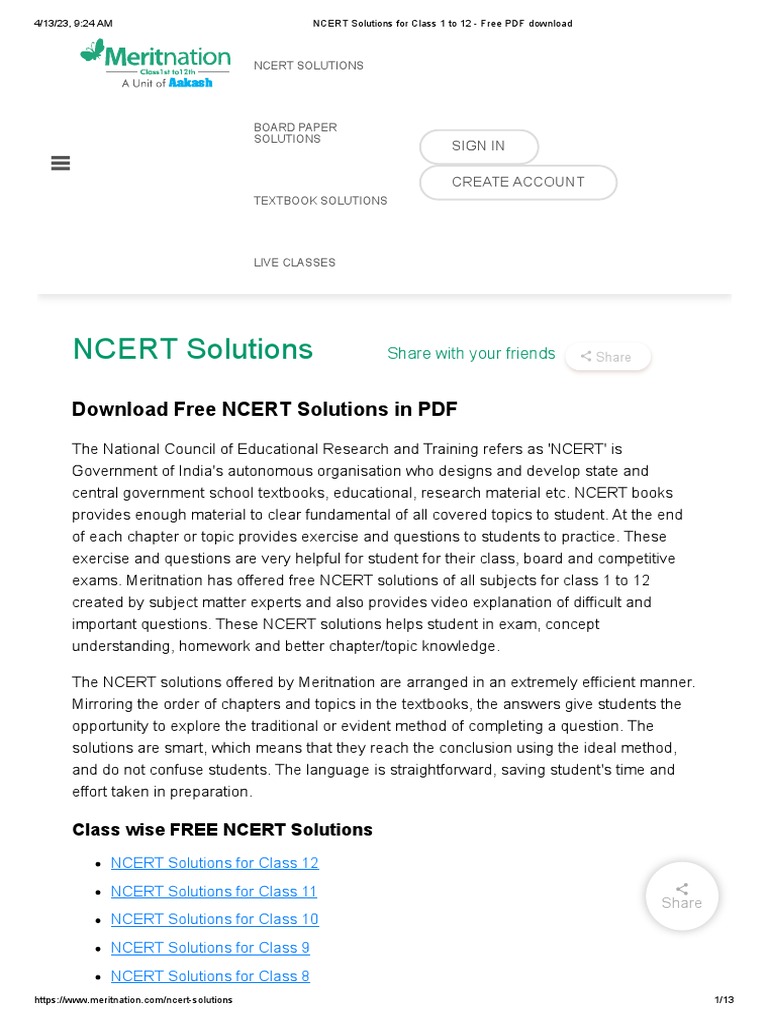 NCERT Solutions For Class 1 To 12 - Free PDF Download | PDF | Area ...