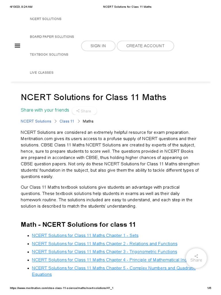 NCERT Solutions For Class 11 Maths | PDF | Mathematics | Quadratic Equation