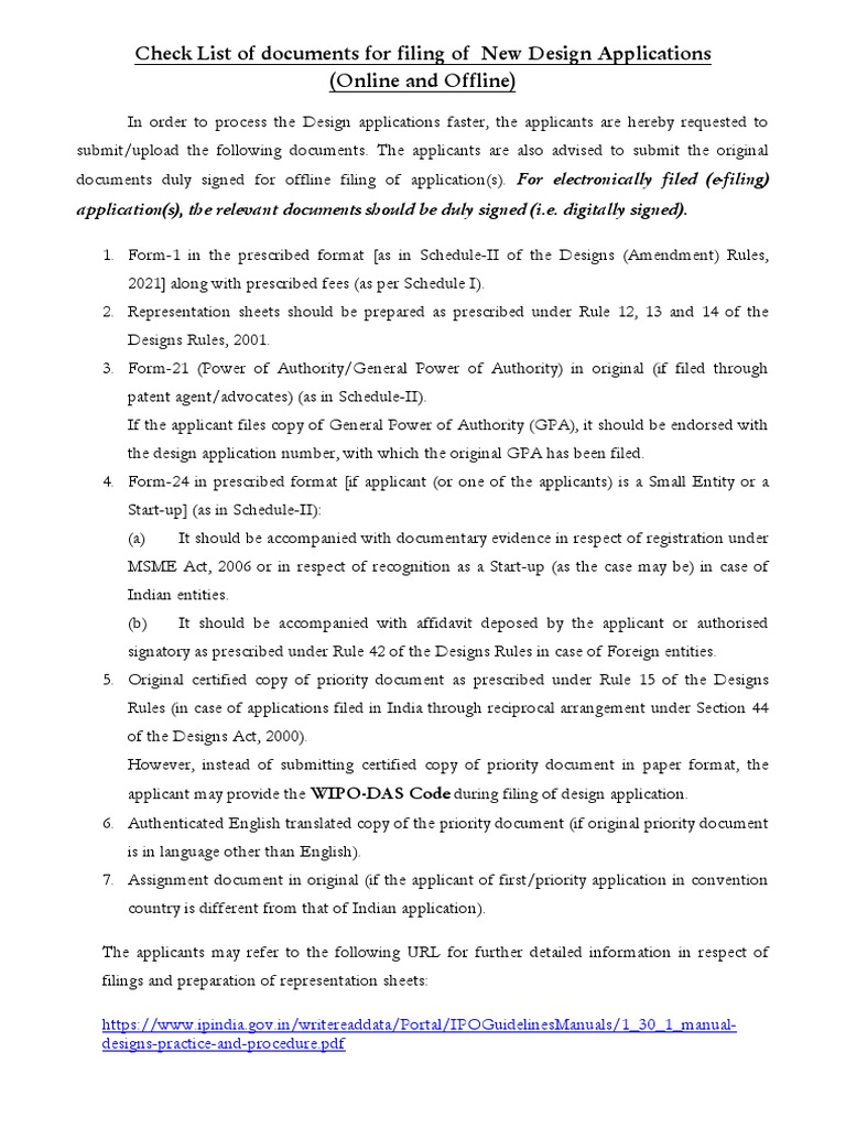 New Design Application Document Checklist | PDF | Priority Right | Document