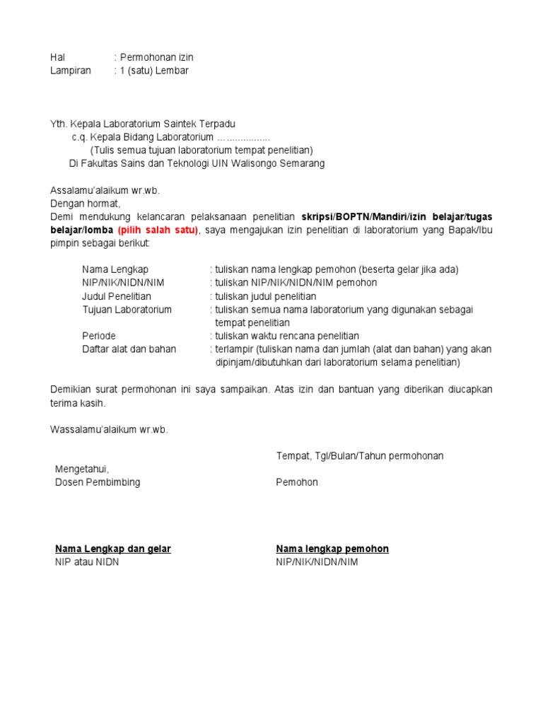 2022 Template Surat Permohonan Izin Penelitian Lst Uin Walisongo Semarang Fix Pdf 