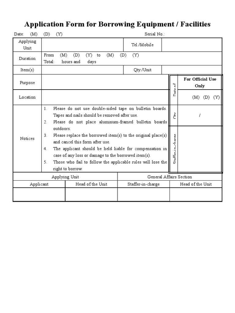 Equipment Borrowing Application Form | PDF