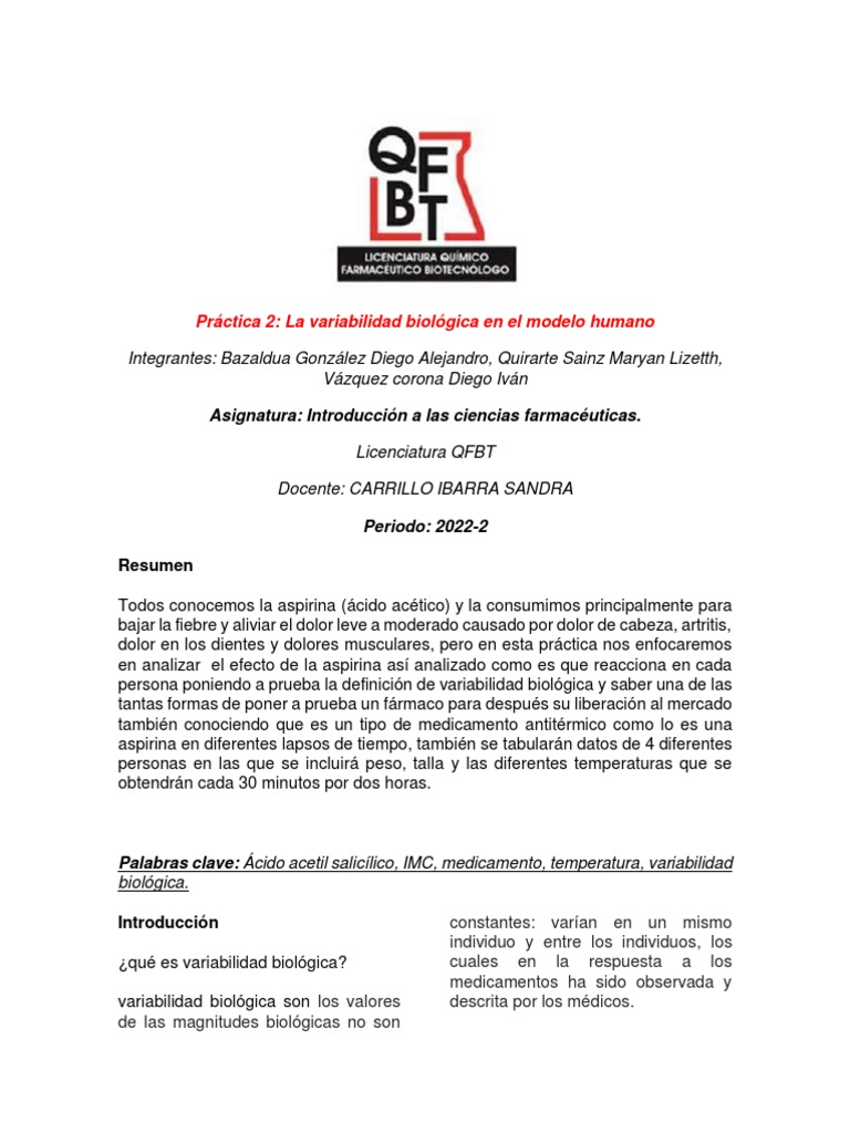 Reporte Practica 2 Int Cs Farma | PDF | Aspirina | Farmacología Reporte Practica 2 Int Cs Farma | PDF | Aspirina | Farmacología