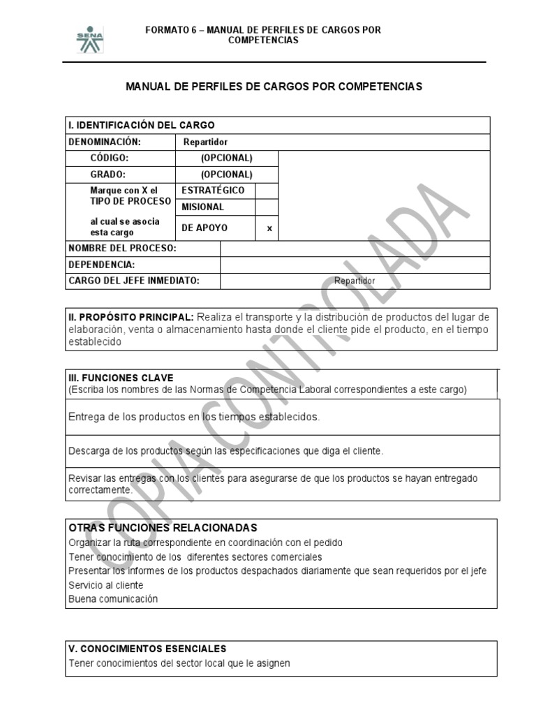 Formato 6 - MANUAL PERFILES DE CARGO POR COMPETENCIA REPARTIDOR | PDF ...