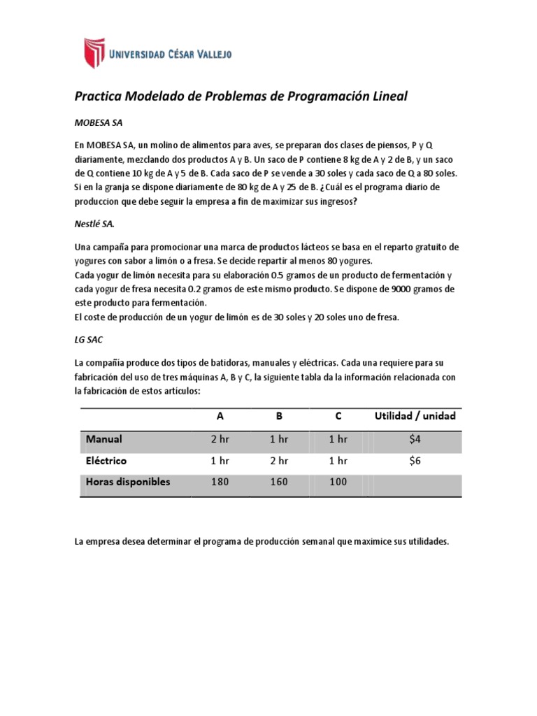 Practica Modelado de Problemas de Programación Lineal: Mobesa Sa | PDF