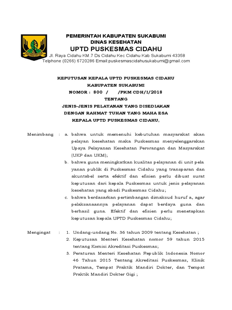 1.1.1.1 SK Ka Puskesmas Tentang Jenis Pelayanan Yang Di Sediakan | PDF
