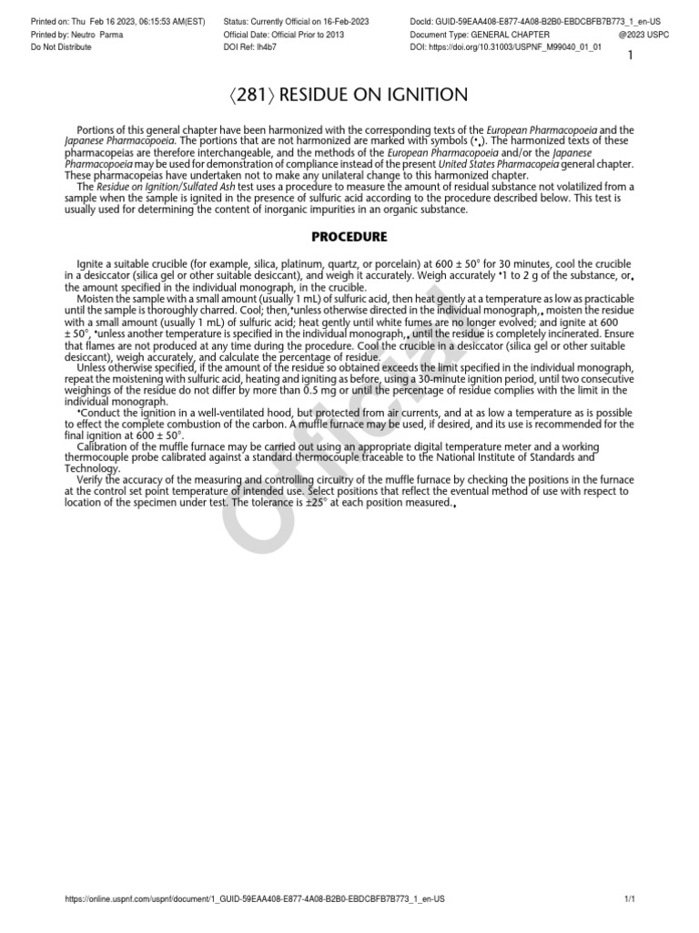 USP Chapter 281: Residue on Ignition | PDF | Thermocouple | Combustion