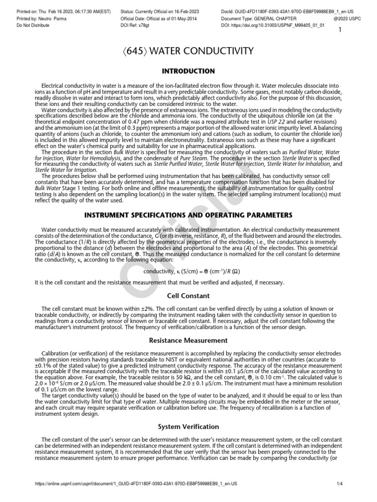 USP 645 Water Conductivity | PDF | Ion | Calibration