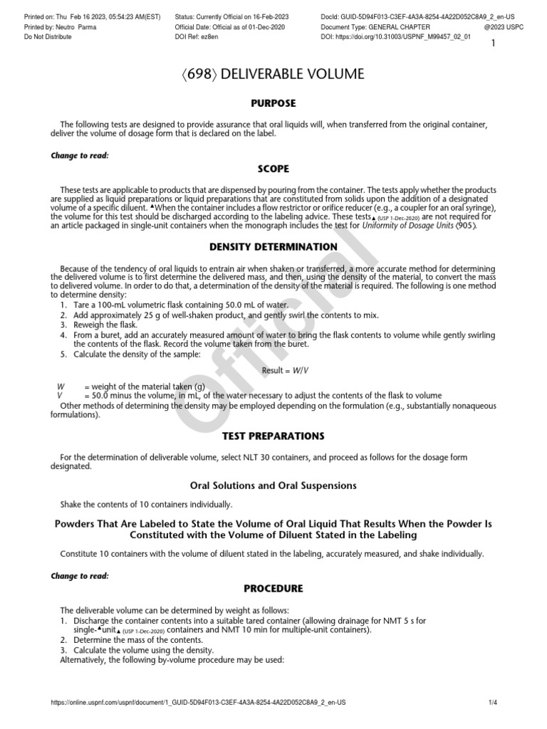 USP 698 Delieverable Volume | PDF | Density | Volume