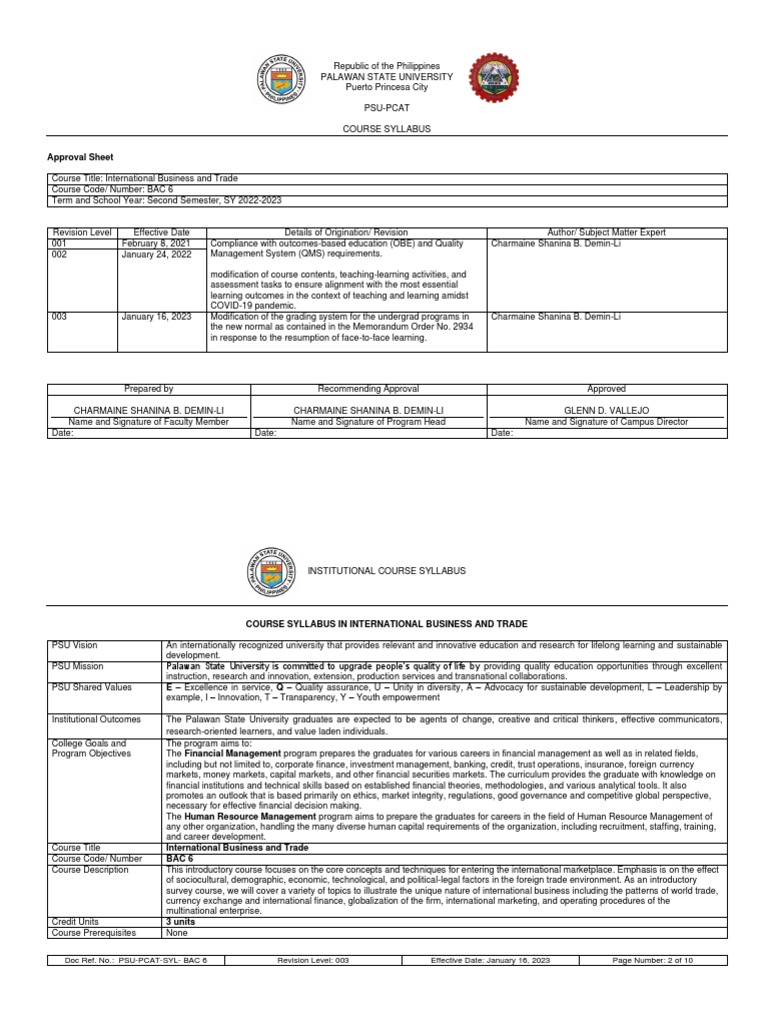 Philippine University Syllabus for International Business Course | PDF ...