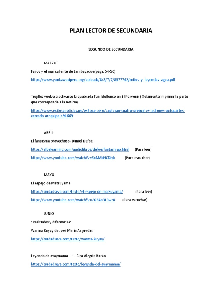 Plan Lector 2do de Secundaria | PDF