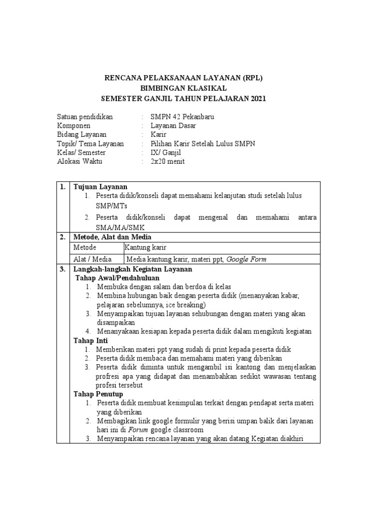 Rencana Pelaksanaan Layanan Karir | PDF | Seni