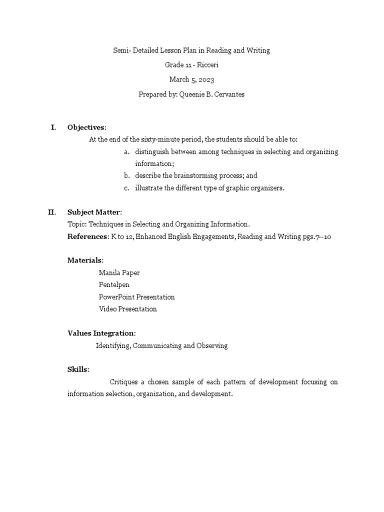 Lesson 2 - TECHNIQUES IN SELECTING AND ORGANIZING INFORMATION | PDF ...