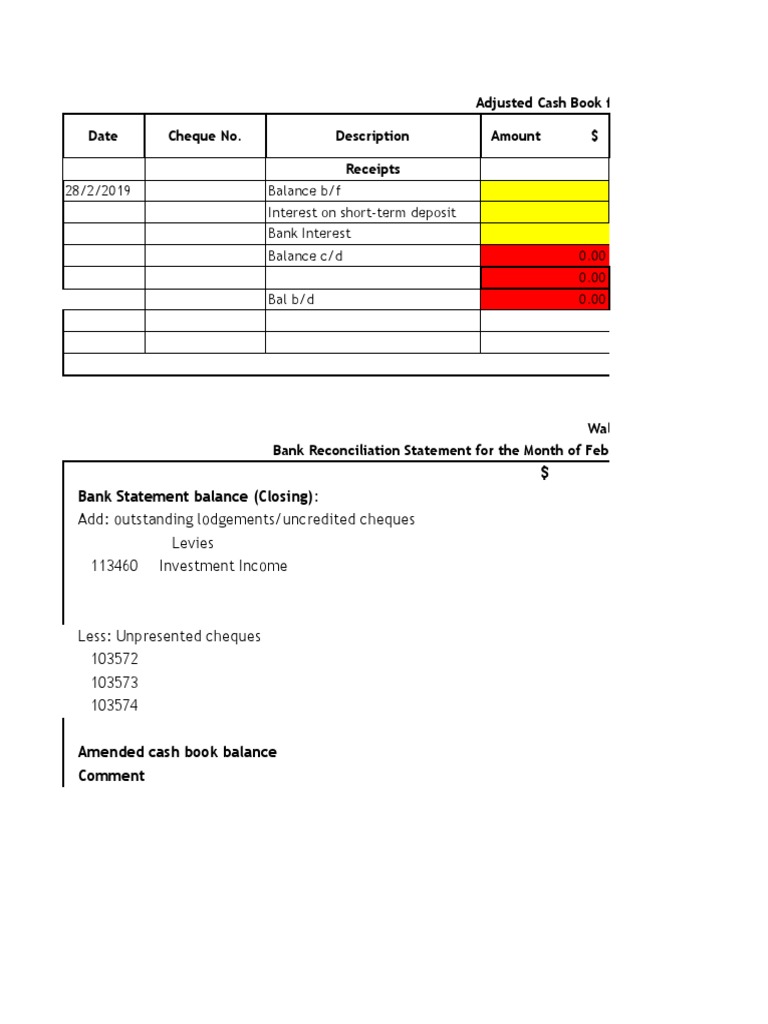 Adjusted Cash Book and Bank Reconciliation for February 2019 | PDF