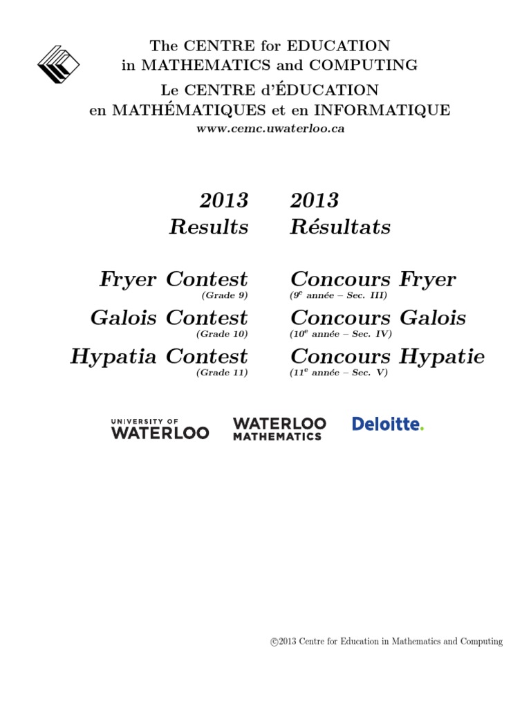 2013 Results Fryer Contest Galois Contest Hypatia Contest 2013 R ...