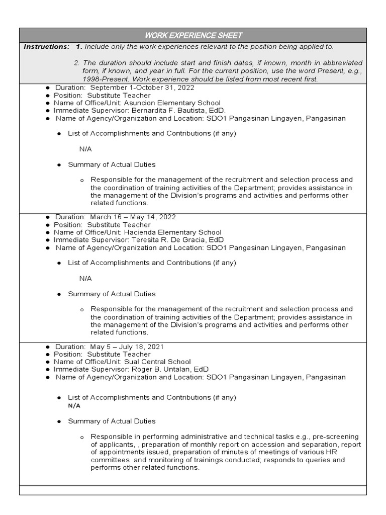 CS Form No. 212 Attachment Work Experience Sheet KCM | PDF