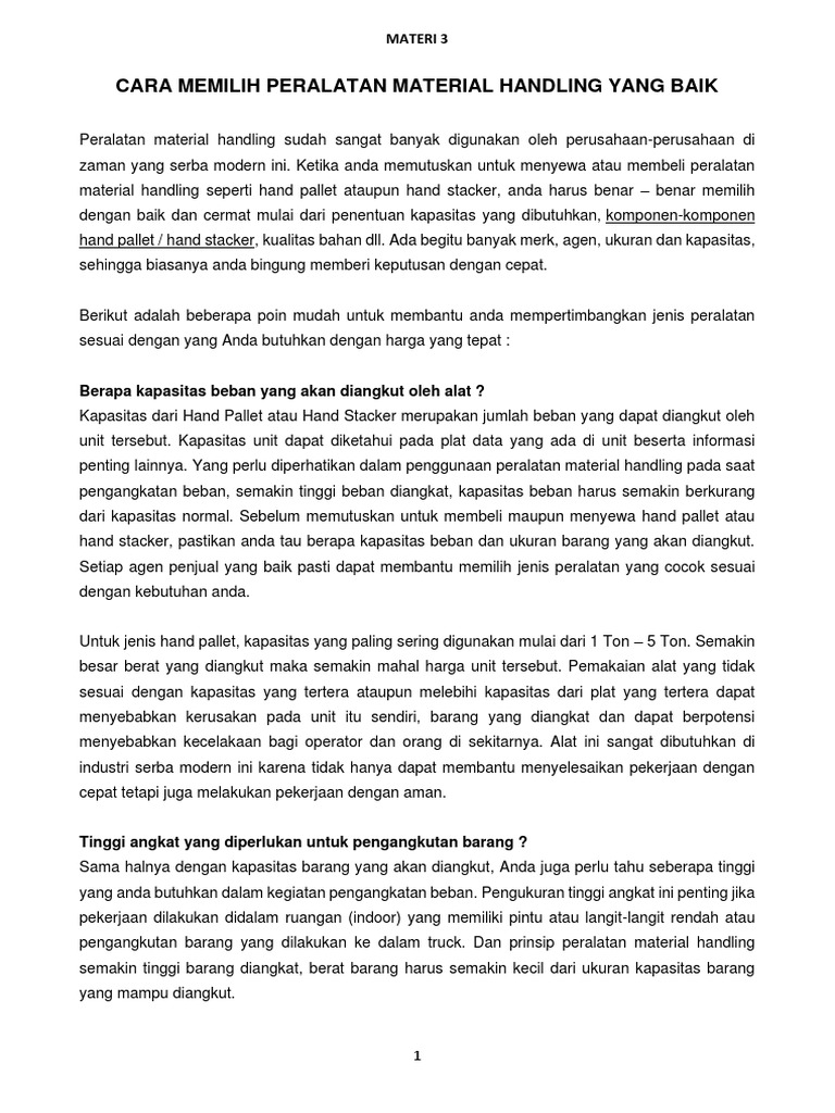 CARA MEMILIH PERALATAN MATERIAL HANDLING YANG BAIK | PDF