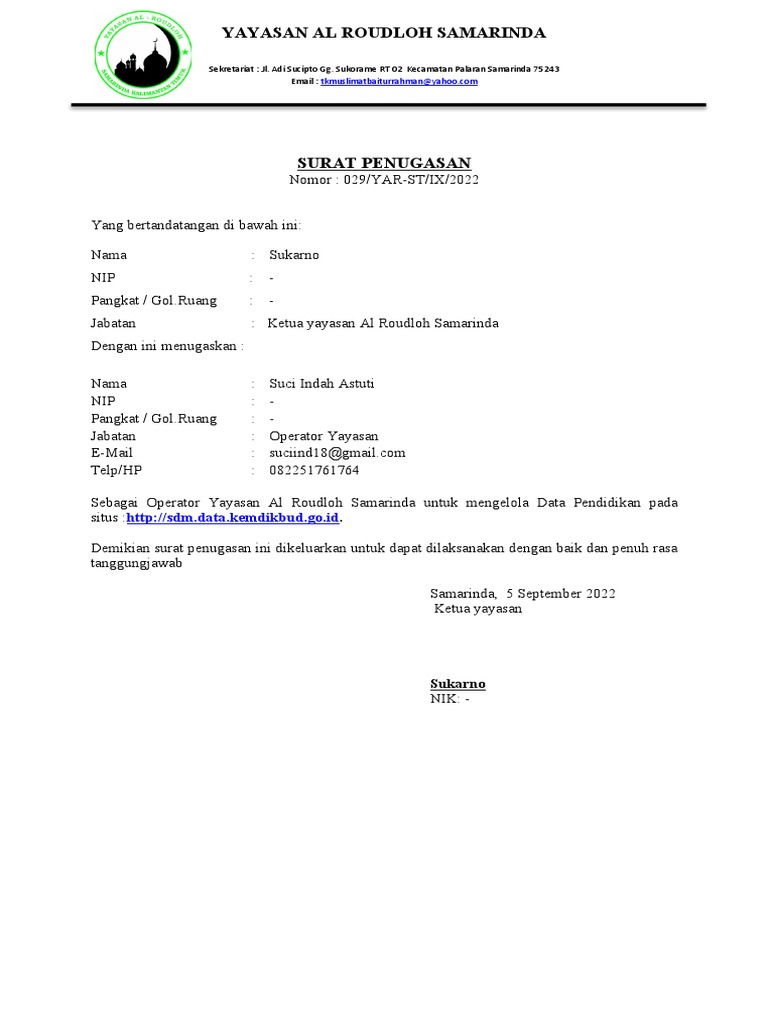 Cont - SURAT PENUGASAN OPERATOR Yayasan | PDF