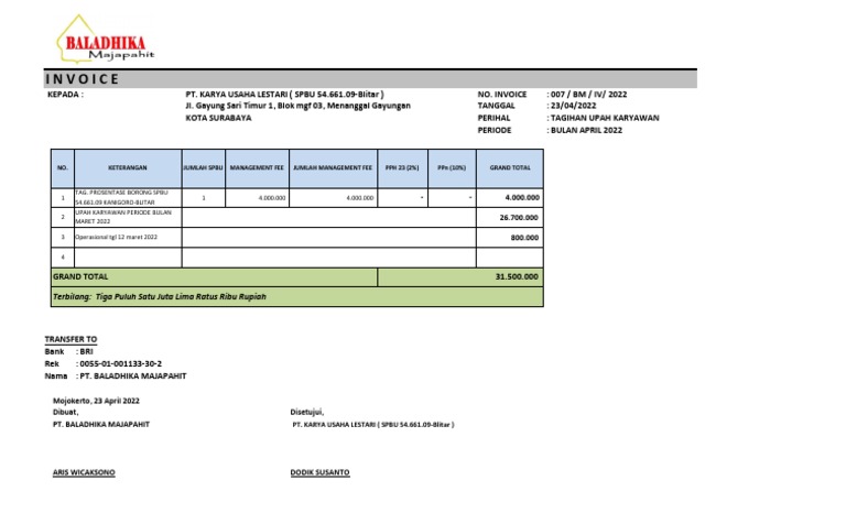 Invoice: Terbilang: Tiga Puluh Satu Juta Lima Ratus Ribu Rupiah | PDF