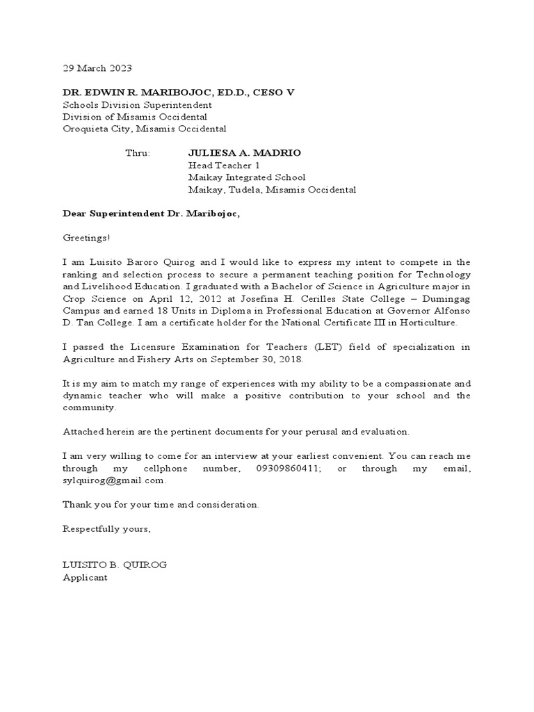 Letter of Intent JHS-TLE | PDF | Self-Improvement