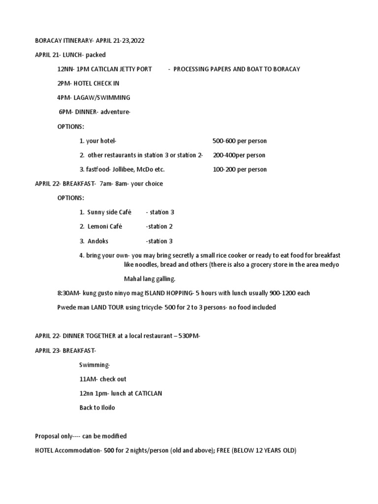 Boracay Itinerary | PDF
