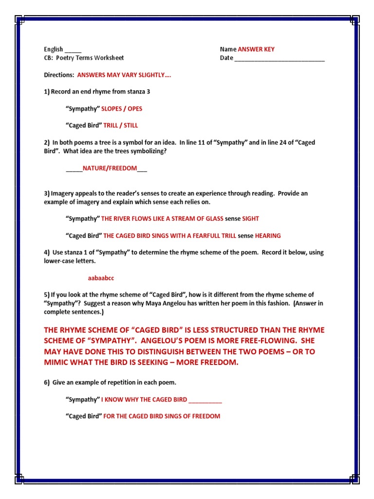 Poetry Terms Worksheet Answer Key | PDF