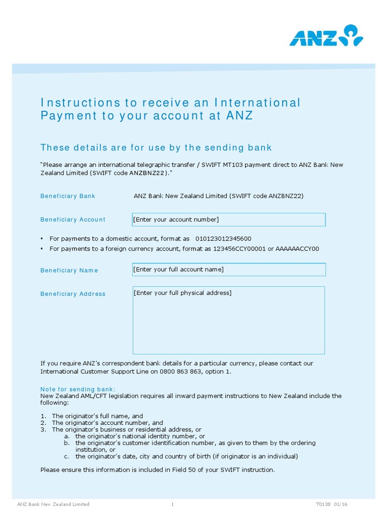 Instructions To Receive An International Payment To Your Account at ANZ ...