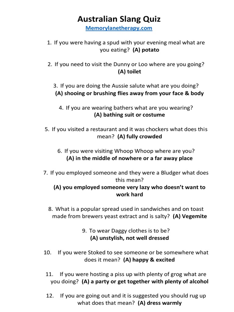 Australian Slang Quiz For Seniors Memory Lane Therapy | PDF | Foods ...