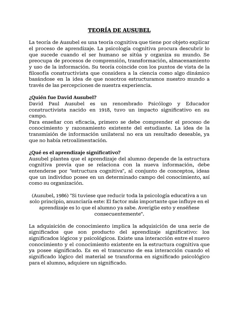 Teoría de Ausubel | PDF | Aprendizaje | Sicología