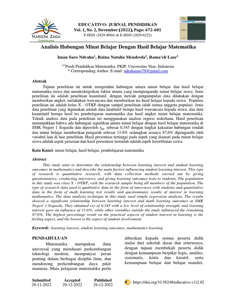 Analisis Hubungan Minat Belajar Dengan Hasil Belajar Matematika | PDF