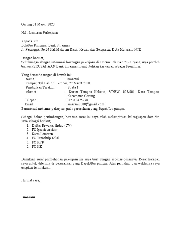 Lamaran Frontliner Bank Sinarmas | PDF | Karier & Perkembangan ...